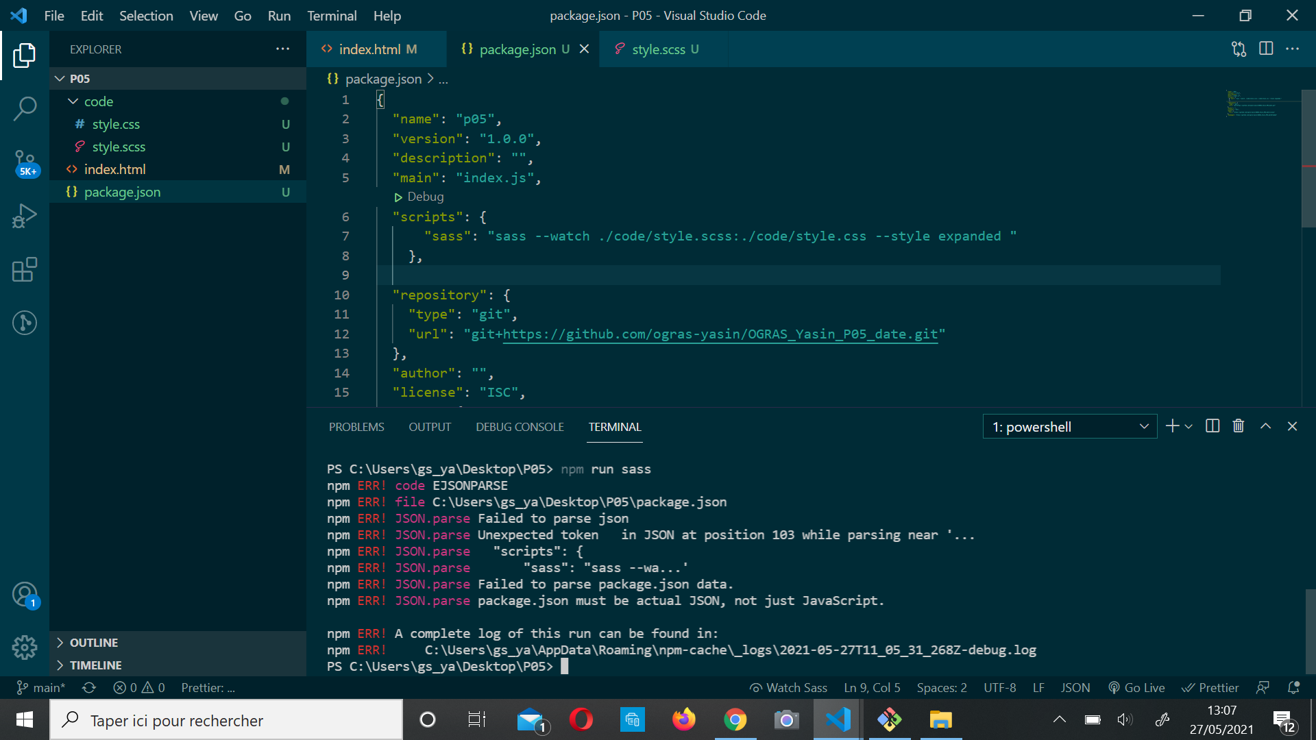 package json - j'essaie de compiler mon sass avec css dans json ("npm run sass") par YasinOgras ...